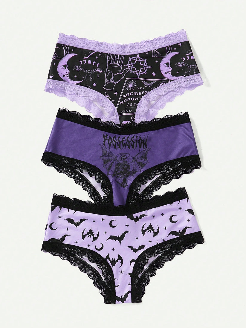 Goth Women's Bat Star And Moon Printed Lace-Trimmed Triangle Panties ...