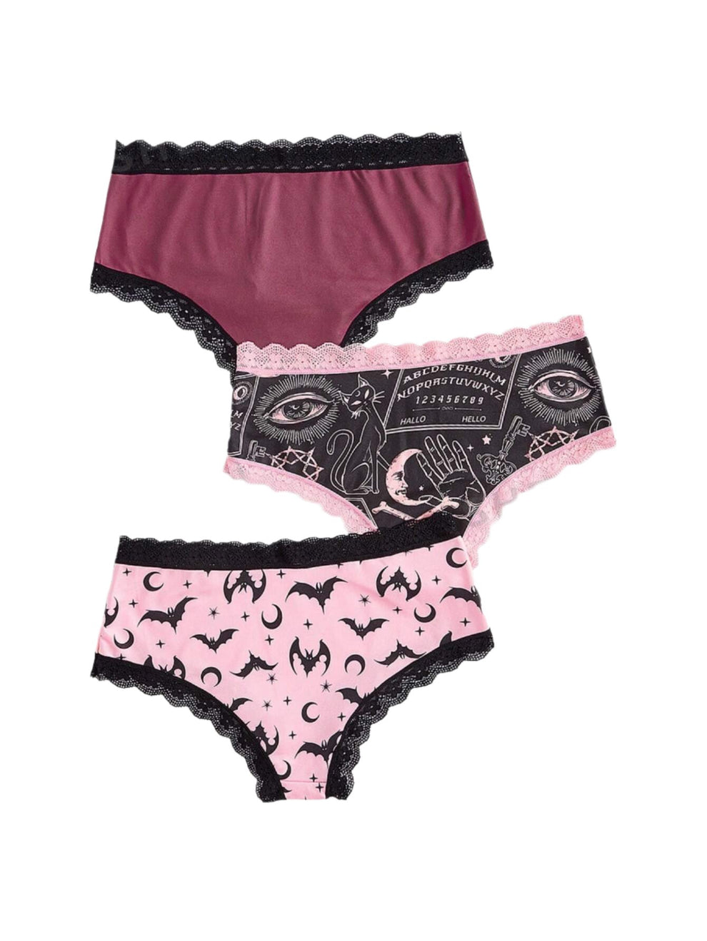 Goth Women's Bat Star And Moon Printed Lace-Trimmed Triangle Panties ...